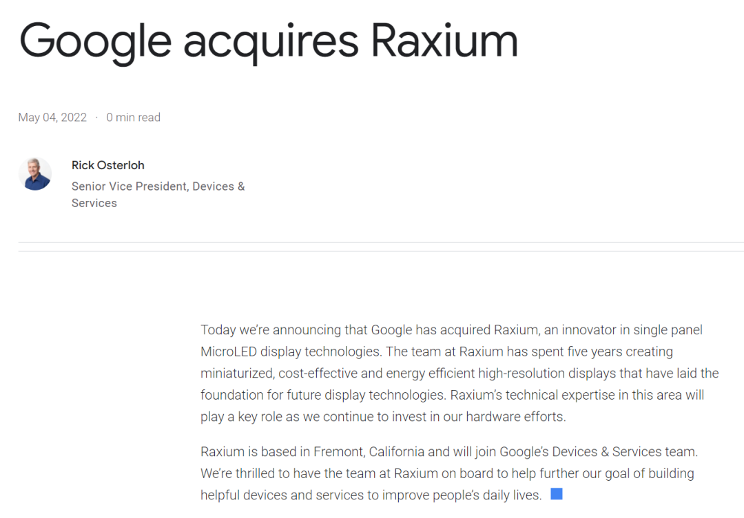MicroLED|估值约10亿美元！谷歌官宣收购Raxium-电子工程专辑