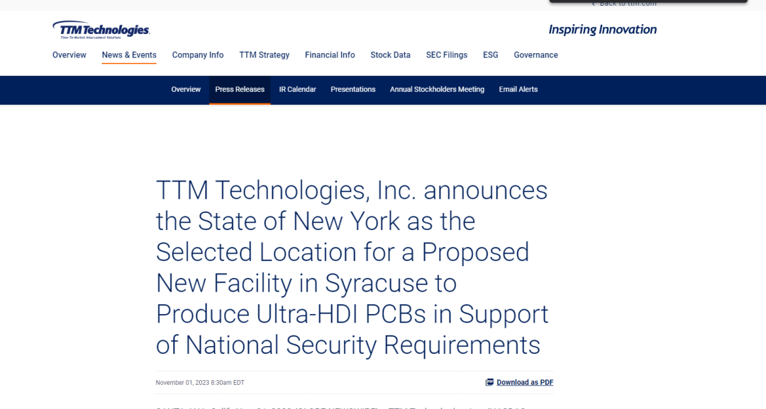 PCB巨头TTM：拟约1.3亿美元投建新工厂-电子工程专辑
