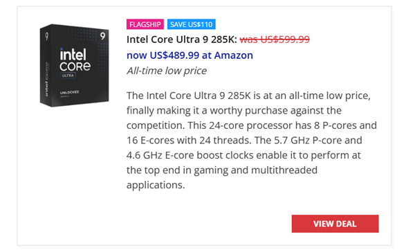 优化后性能大涨21％！Intel旗舰酷睿Ultra 9 285K降至史上最低价：3开头即可入手-电子工程专辑